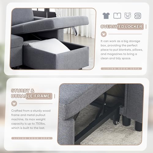 Antetek Reversible Sectional Sofa Couch with Pull-Out Bed, Modern Linen L-Shaped Sleeper Sofa Bed with Storage Chaise, Furniture Set for Living Room, Small Space, Office, Dark Grey