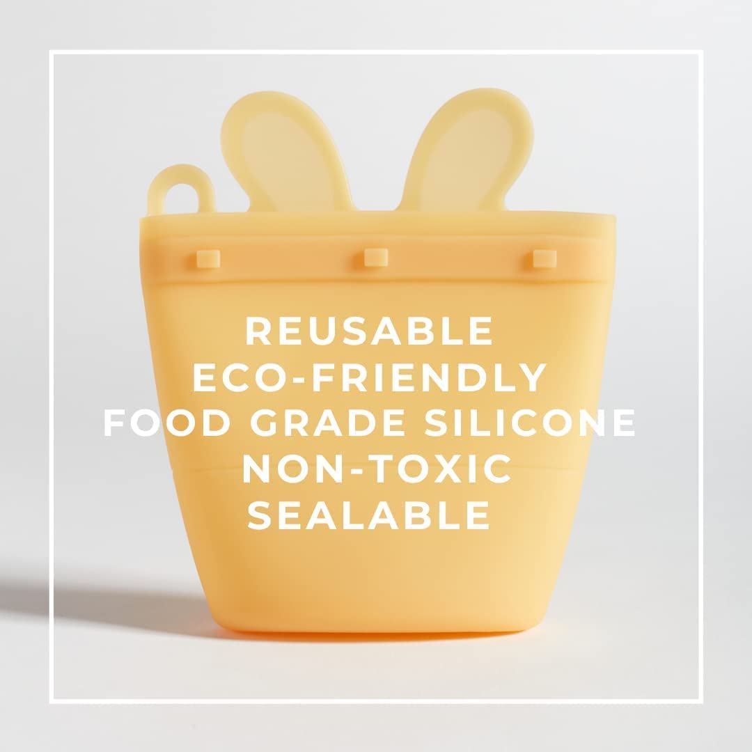 Amalka + Albert Reusable Snack Bag Set for Kids. Food Grade Silicone Container with Strong Seal that is Eco-Friendly and Non-Toxic. Great for Travel or School. (Yellow and Green Set)