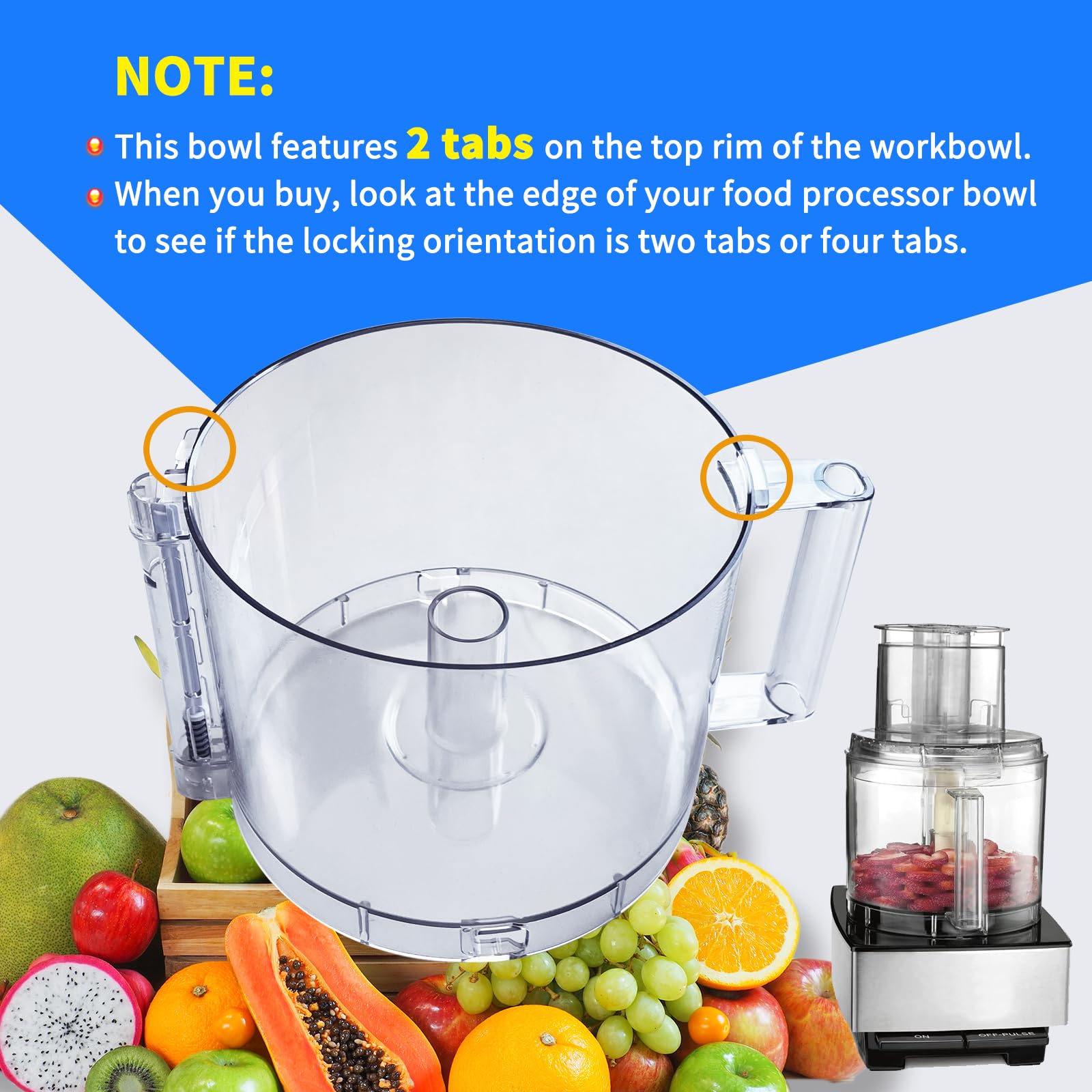 Vanshly DLC-005AGTX,14-Cup Food Processor Work Bowl Compatible with Cuisinart DLC-7 & DFP-14,NOTE:This bowl features 2 tabs on the top rim of the workbowl