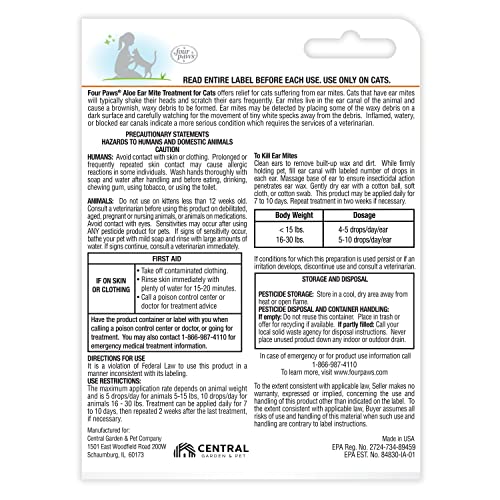 Four Paws Healthy Promise Aloe Ear Mite Treatment for Cats 0.75 Fl. Oz.