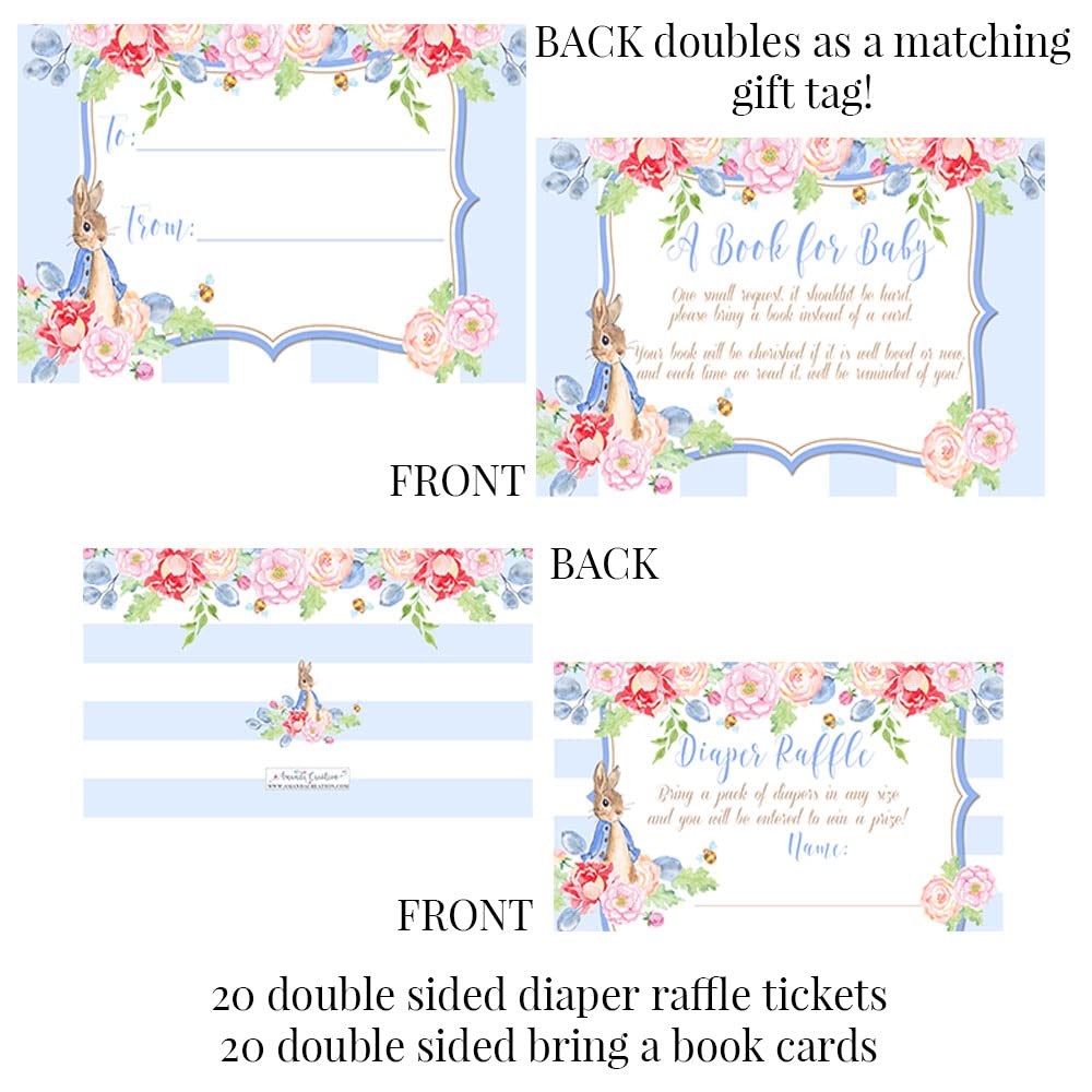 Amanda Creation Little Rabbit Boy Baby Shower Party Bundle Includes 20 each of Invitations with Envelopes + 4 Different Sizes of Decorative Stickers, Diaper Tickets & Bring a Book Cards
