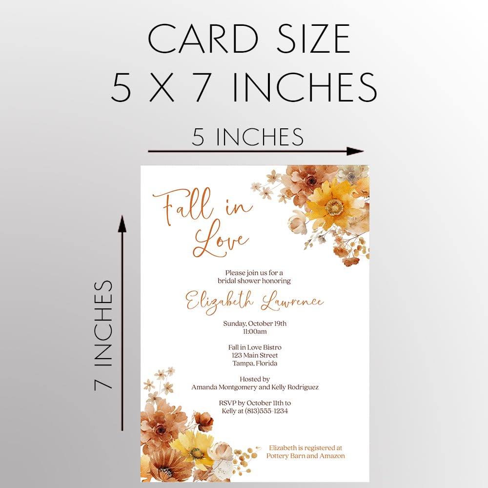 Fall Bridal Shower Invitations Wedding Invites Fall in Love Autumn Floral Flowers Orange Yellow Couples Shower Customized Personalized Custom Printed Cards (12 count)