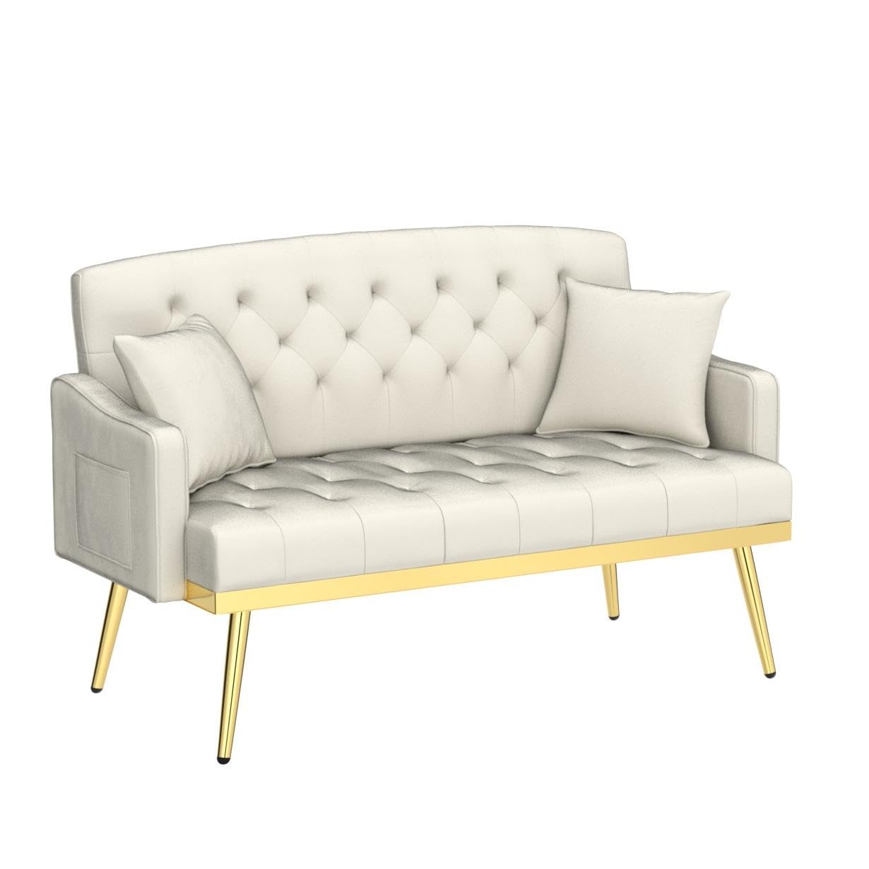 Antetek Upholstered Velvet Loveseat Sofa, Modern Small Sofa Couch with Side Pocket and Golden Metal Legs, Tufted Leisure Sofa for Living Room, Bedroom, Office, Small Space, Light Beige