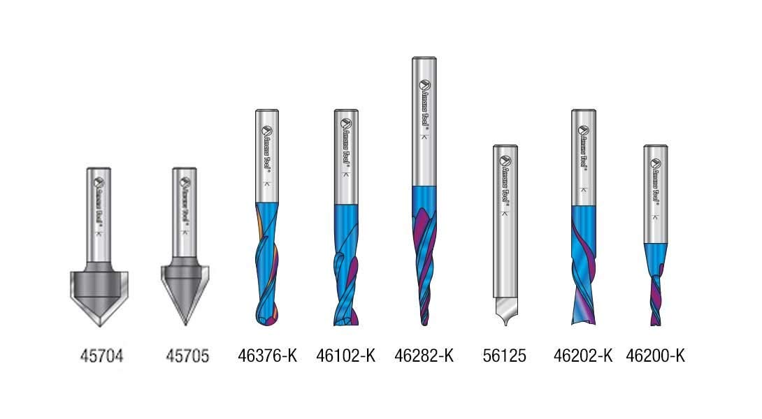 Amana Tool AMS-177-K 8-Pc CNC Router Bit Collection Featuring V-Grooves Point Roundover and Multi-Purpose Spektra Bits 1/4 Shank in Wooden Box