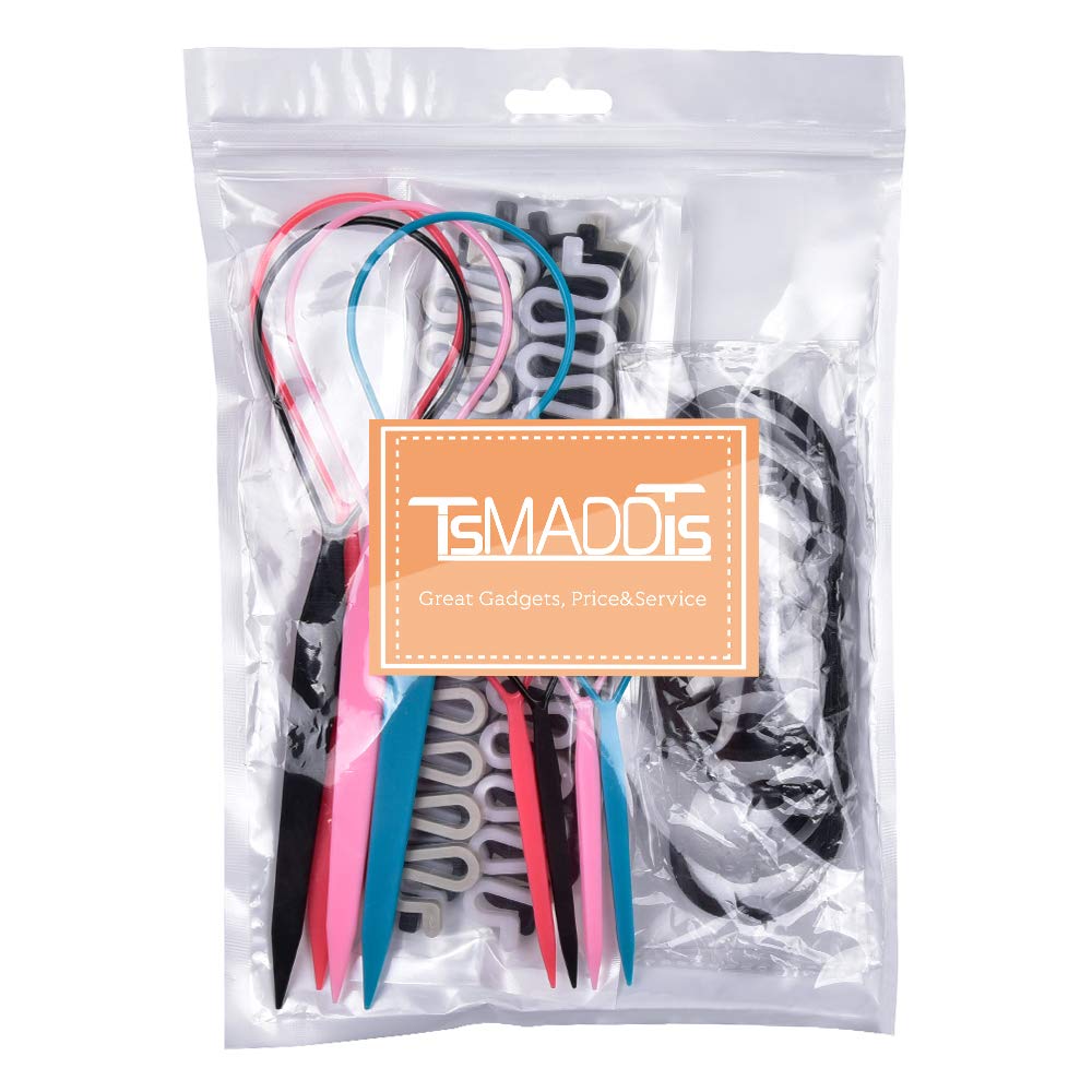 TsMADDTs Hair Braiding Tools Set, 8PCS Topsy Tail Tools, 8PCS French Centipede Braiders for French Twist Plait Ponytail, 10PCS Black Hair Ties Bulk