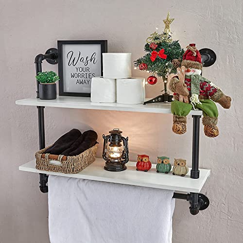 ROGMARS Industrial Pipe Shelving Floating Bathroom Shelves with Towel Bar Over Toilet,2 Tier 30 inch Retro White Rustic Farmhouse Pipe Wall Shelves for Kitchen Storage (30inch 2 Tier)