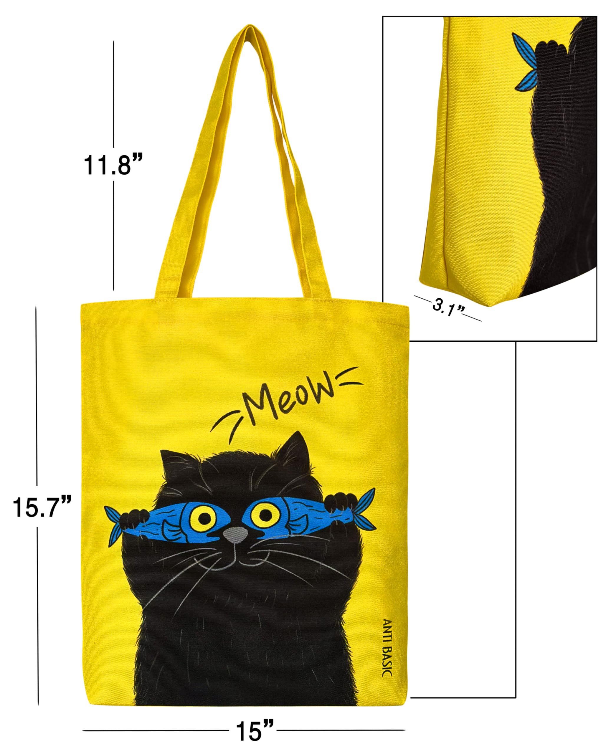 ANTI BASIC Cat Canvas Tote Bag for Women with Inner Pocket-Novelty Patterns Reusable Grocery Bag (cats&books), Large