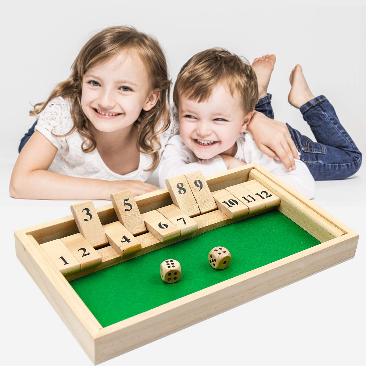 bouti1583 Shut The Box Game Wooden, Classic 12 Number Wooden Set with Dice, Green- Adults and Children