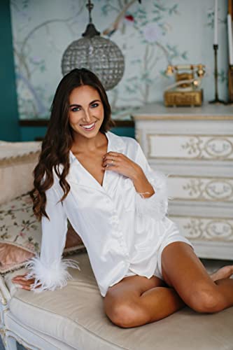 Belle's Design Women's Feather Trim Silk Satin Pajama Set With Shorts Button Down 2 pieces Loungewear Sleepwear (White, XX-Large)