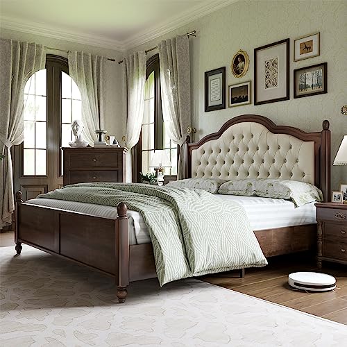 AMERLIFE Solid Wood Bed Frame Queen Size, Transitional Platform Bed with 52.5" Upholstered Tufted Headboard, Rubberwood/Roman Column Accents/Wood Slat Support/No Box Spring Needed