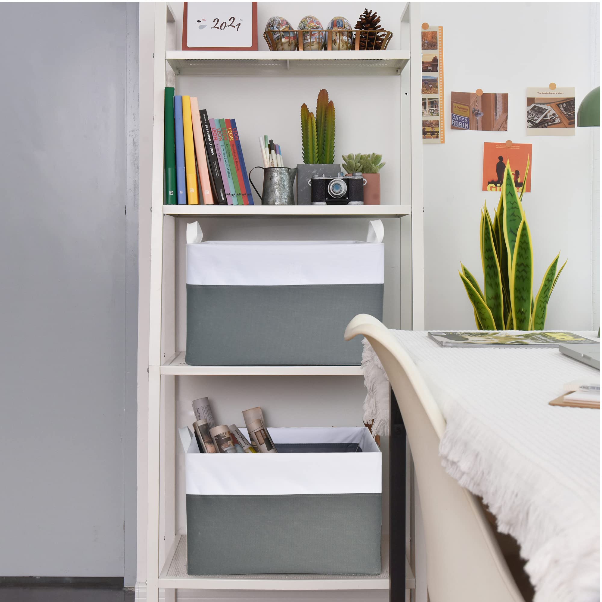 GRANNY SAYS Storage Bins for Shelves, Linen Closet Organizers and Storage Baskets Extra Large, Shelf Baskets with Metal Frame, Storage Boxes for Bedroom Wardrobe, White/Gray, 2-Pack