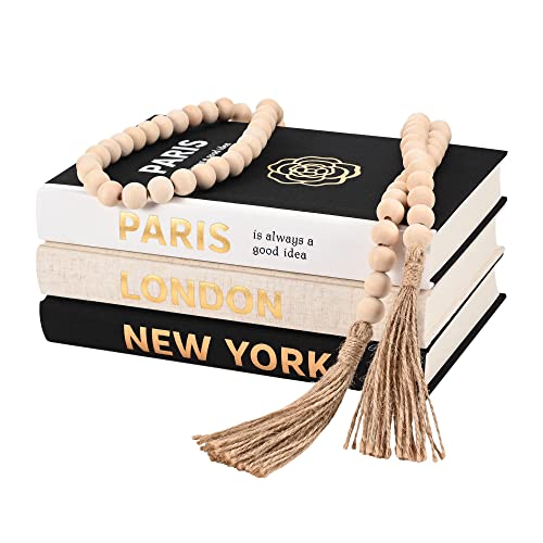 Linen Covered 3 Pieces Decorative Books for Home Decor,Coffee Table Decor Books for Living Room,Hardcover Modern Decorative Book Stack for Shelf,Fashion Design Display Books with Wood Bead Tassels