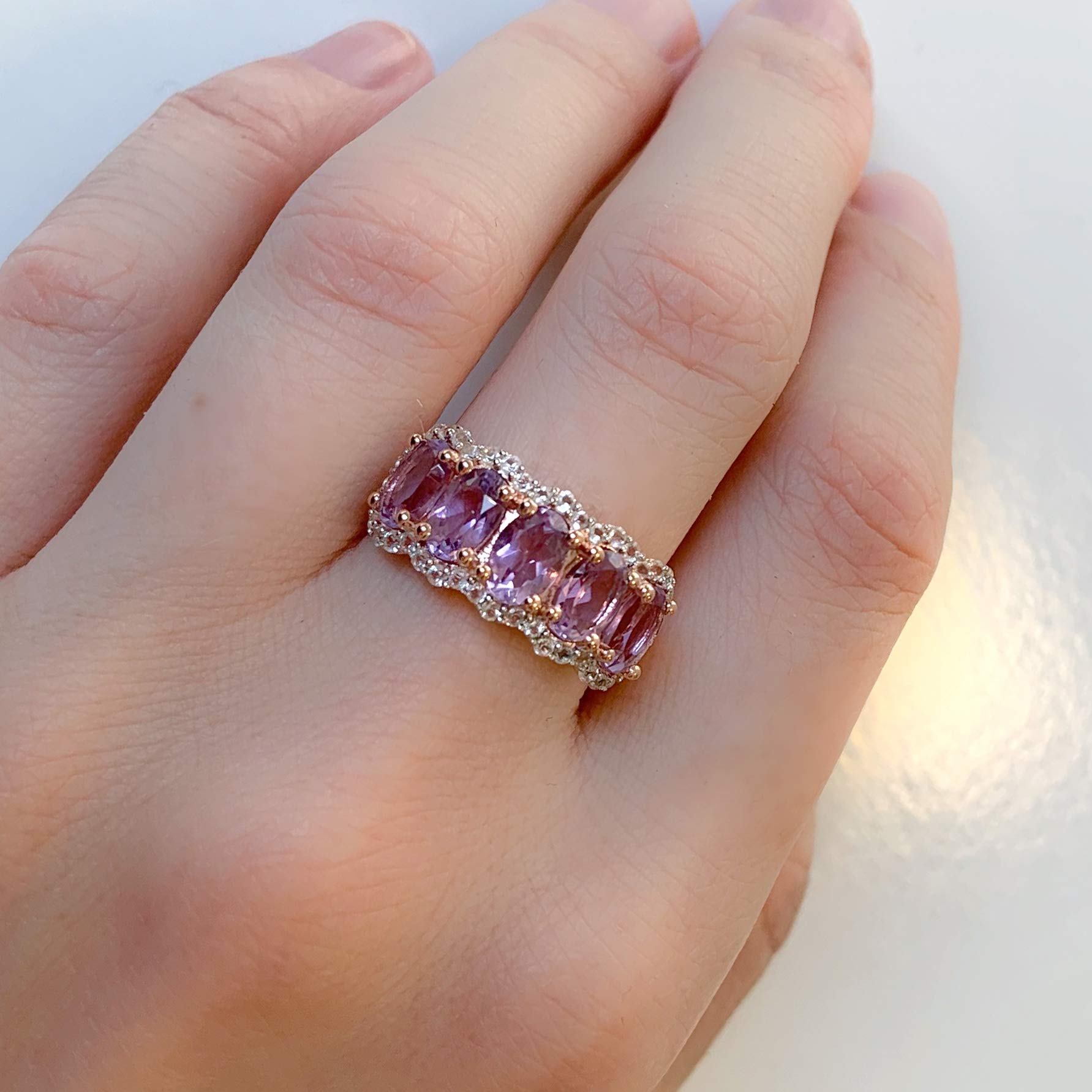 Abbie+Cleo Womens Oval Cut Purple Amethyst and White Topaz Gemstone Wide Band Ring in Rose Gold Flash Plated Sterling Silver, Size 5
