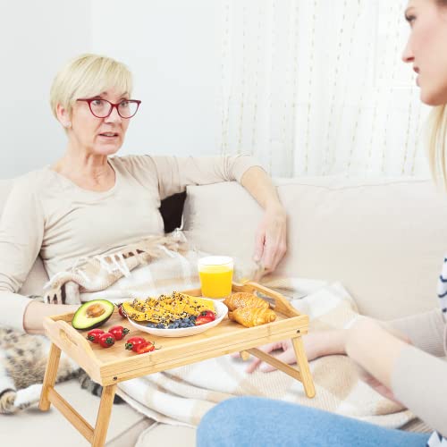 Bed Tray Table with Folding Legs, Bamboo Breakfast Food Lap Tray for Eating, Bed, Sofa, Working, Drawing, Kitchen Platters Desk Foldable Serving Bed Tray with Handles Laptop Computer Snack Tray Table