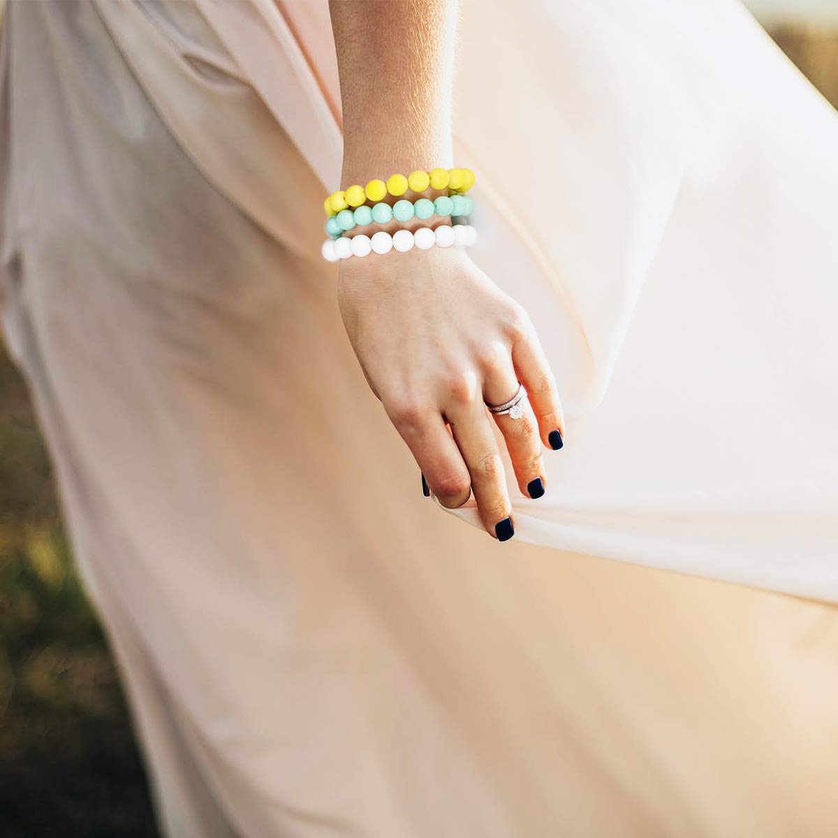 6 Pcs Lava Stone Bead Bracelet, Natural Gemstone Stretchy Bracelets- Aromatherapy Essential Oil Diffuser Healing Chakras Agate Crystal Elastic Lucky Bracelets Gifts for Women