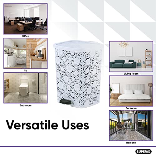 Compact Plastic Step-On Trash Can, Indoor and Outdoor Waste Bin with Foot Pedal, White Decorative Garbage Bin with Lace Design, 12 Qt Small Trash Can for Kitchen, Bathroom, Bedroom, Patio, Yard