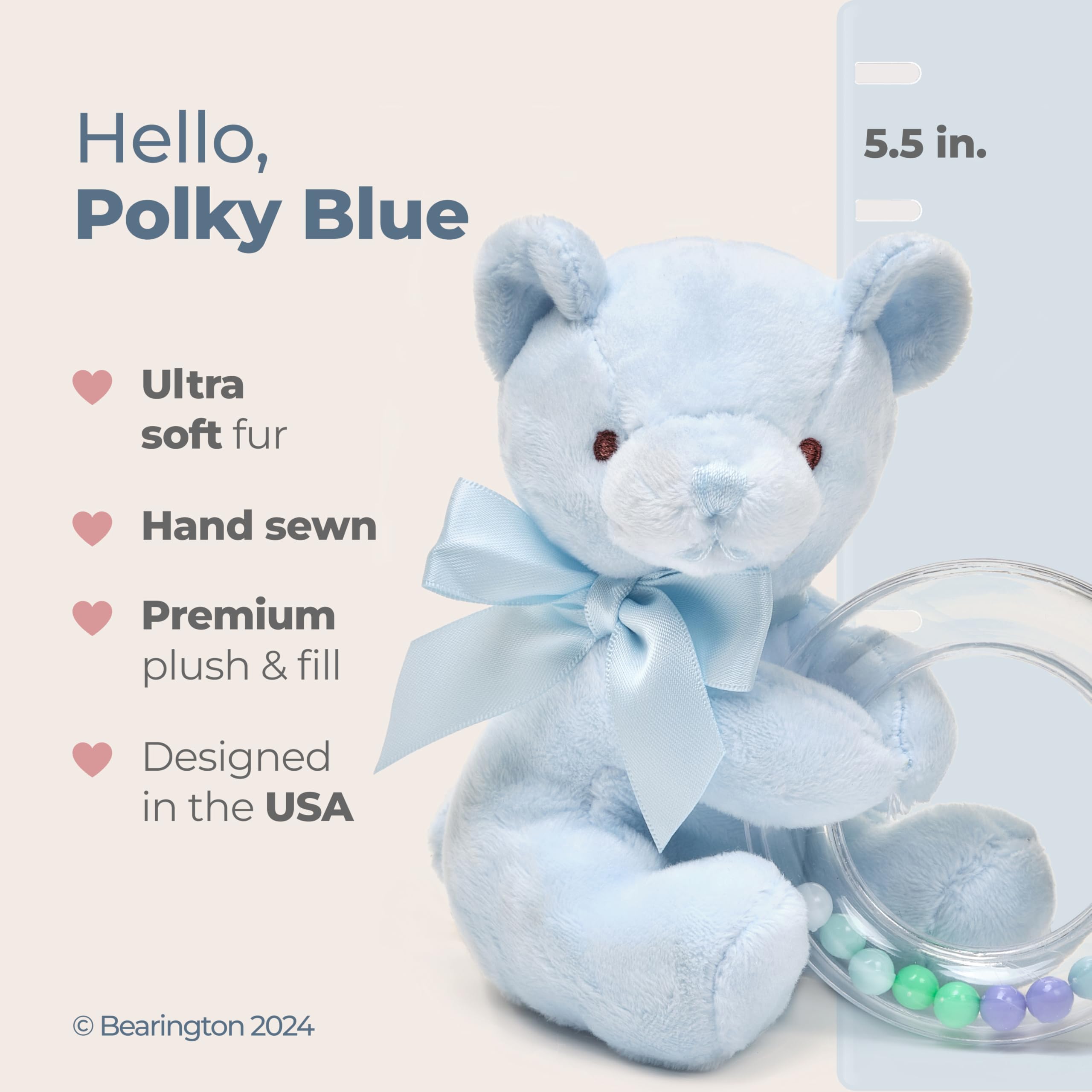 Bearington Baby Polky Blue Plush Stuffed Animal Teddy Bear Shaker Toy Ring Rattle, 5"