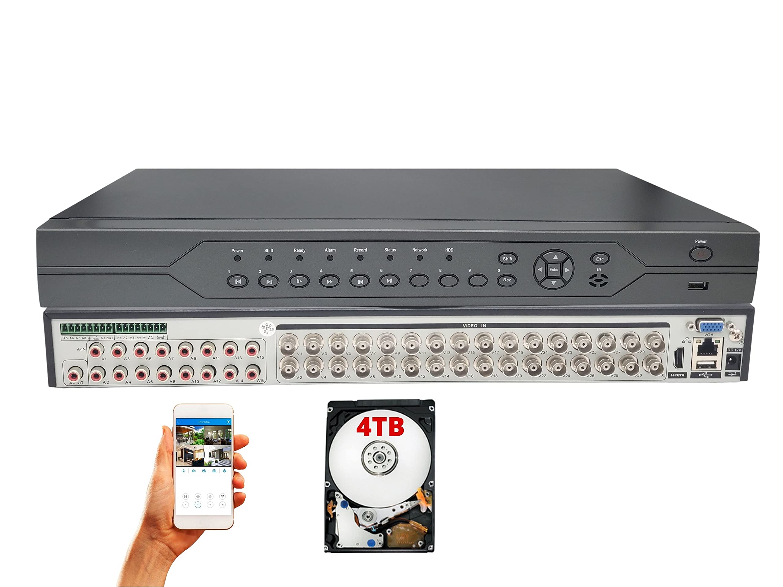 Evertech 32 Channel 32CH H.265 Hybrid DVR Recorder 4-in1 for HD TVI AHD CVI and Analog 1080P Home Business Security Surveillance Camera Systems + 4TB Hard Drive Memory for 24/7 Recording Remote Access
