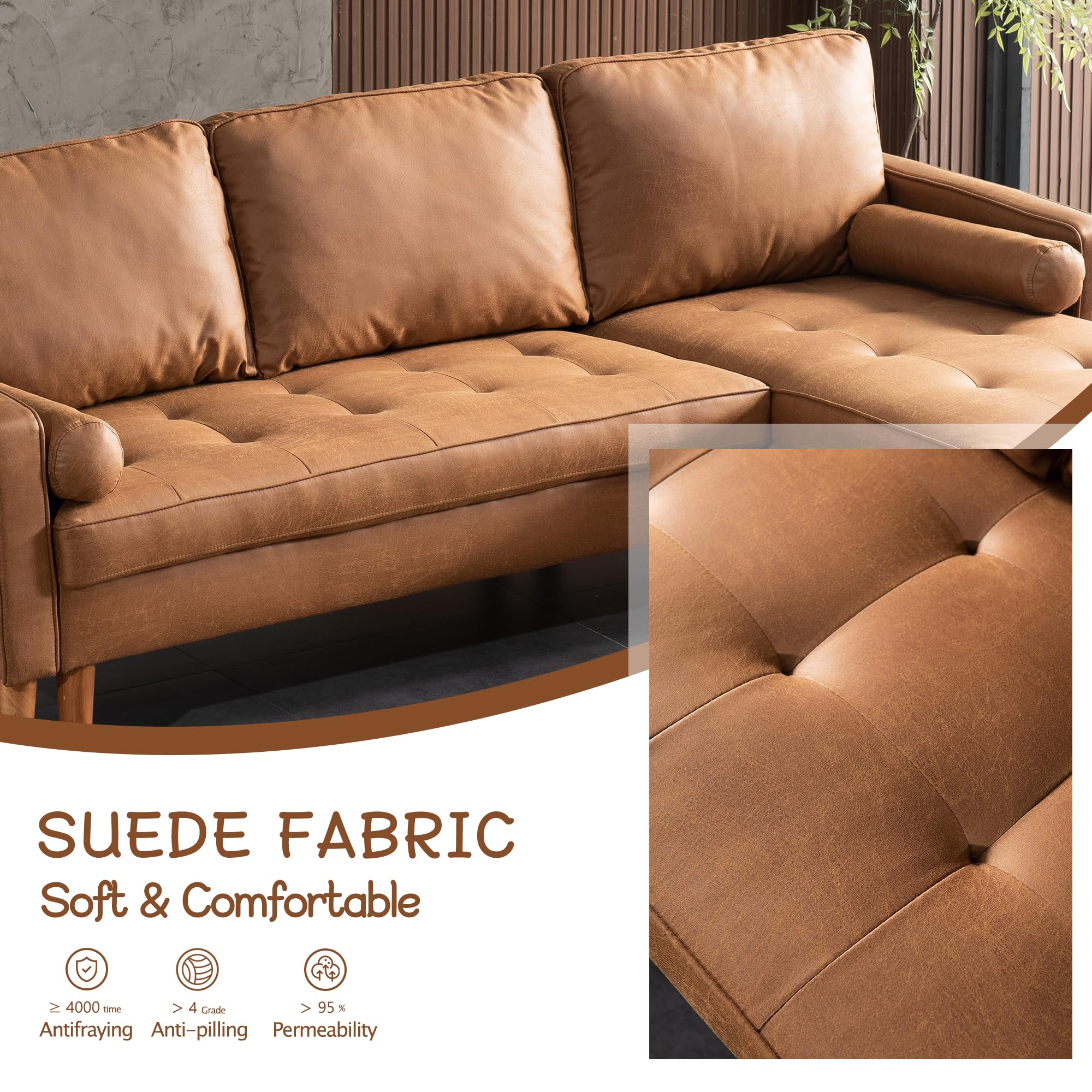 ovios 83" L-Shape Sofa Couch with Chaise, Suede Leather Couches with Comfy Cushions, Minimalism Deep Seat Cloud Sofas for Living Room Apartment, Right Chaise, Brown