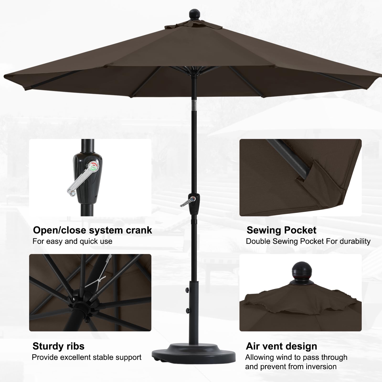 ABCCANOPY 10FT Patio Umbrella - Outdoor Waterproof Table Umbrella with Push Button Tilt and Crank, 8 Ribs UV Protection Pool Umbrella for Garden, Lawn, Deck & Backyard (Brown)