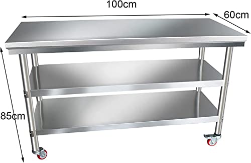 Commercial Kitchen Work Catering Table, Kitchen Work Table Stainless Steel Worktable Commercial Heavy Duty Prep Workbench with 4 Casters (Wheels) for Restaurant, Hotel Rack (Size : 100x60x85cm)