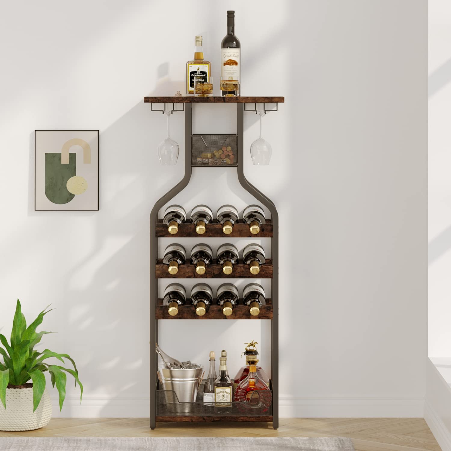 Amyove Metal Wine Rack Wine Bottle Holders Stands Freestanding Floor,Wine Storage Organizer Display Rack Table Wine Glass Rack for Bar Kitchen Dining Living Room, Small Spaces,Rustic Brown