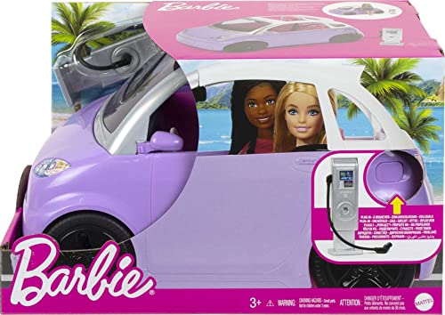 Barbie Toy Car "Electric Vehicle" with Charging Station, Plug and Sunroof, Purple 2-Seater Transforms Into Convertible (Amazon Exclusive)