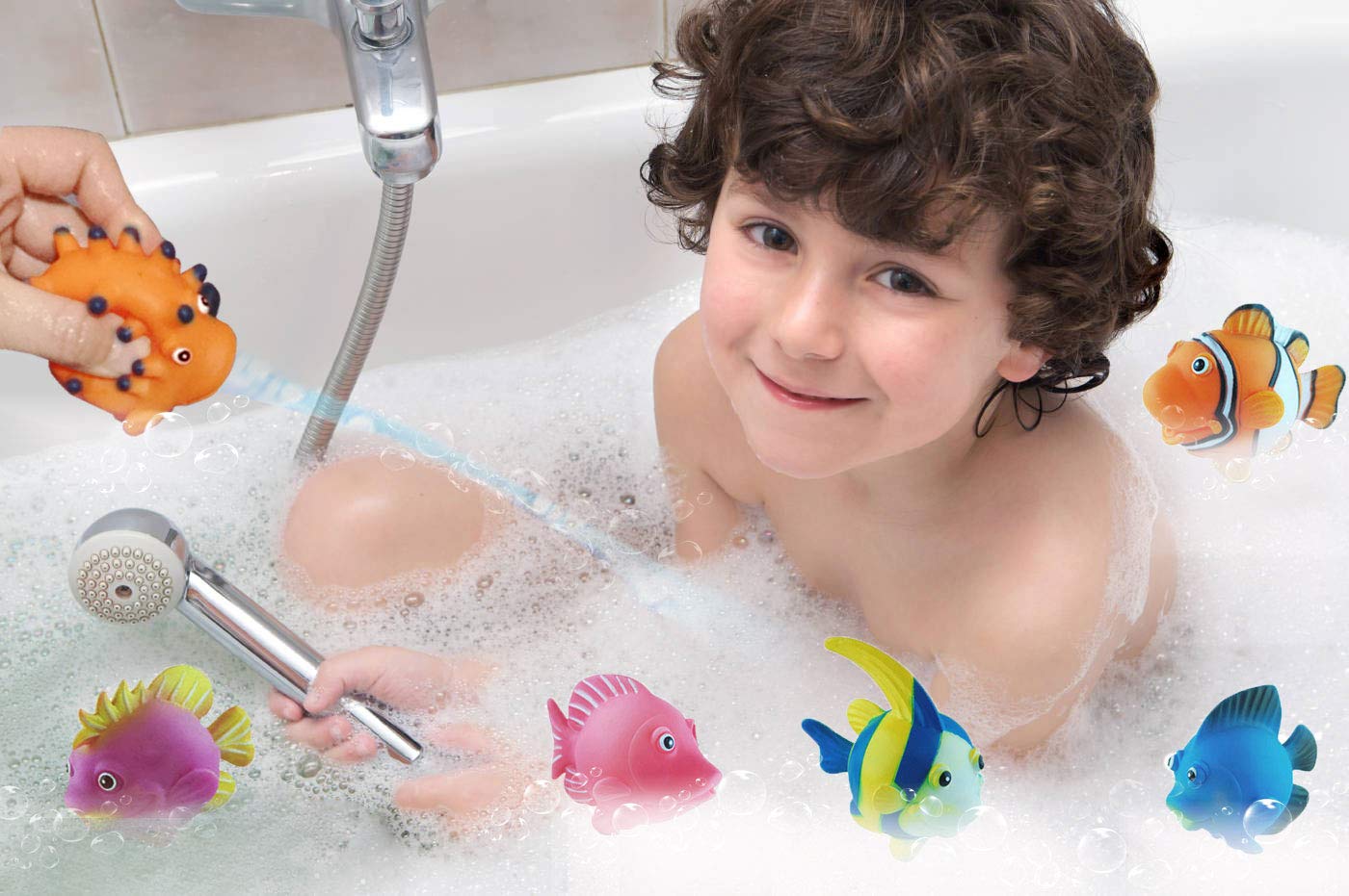 BOHS Rubber Squirting Fish - Cute Floating Cartoon Soft - Baby Bath Play Water Marine Animals Toys - 6 Count