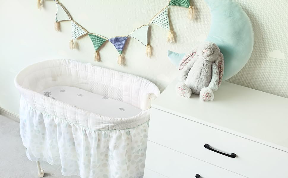 Bassinet Mattress Pad (15"x 30"x 0.8") Fits Moses Basket, Oval Shaped with Removal Zippered Cover, Waterproof Breathable Soft Foam