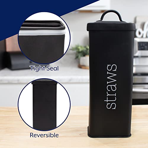 AuldHome Farmhouse Enamelware Straw Holder (Black); Retro Metal Straw Storage Canister