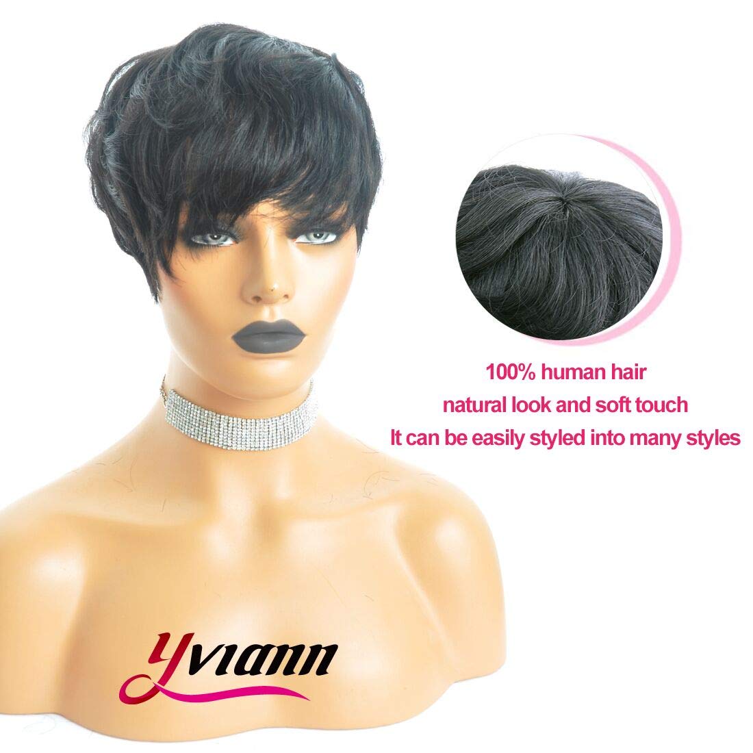 Yviann Human Hair Short Wigs Pixie Cut Wigs with Bangs Short Black Layered Wavy Wigs for Women 1B Color