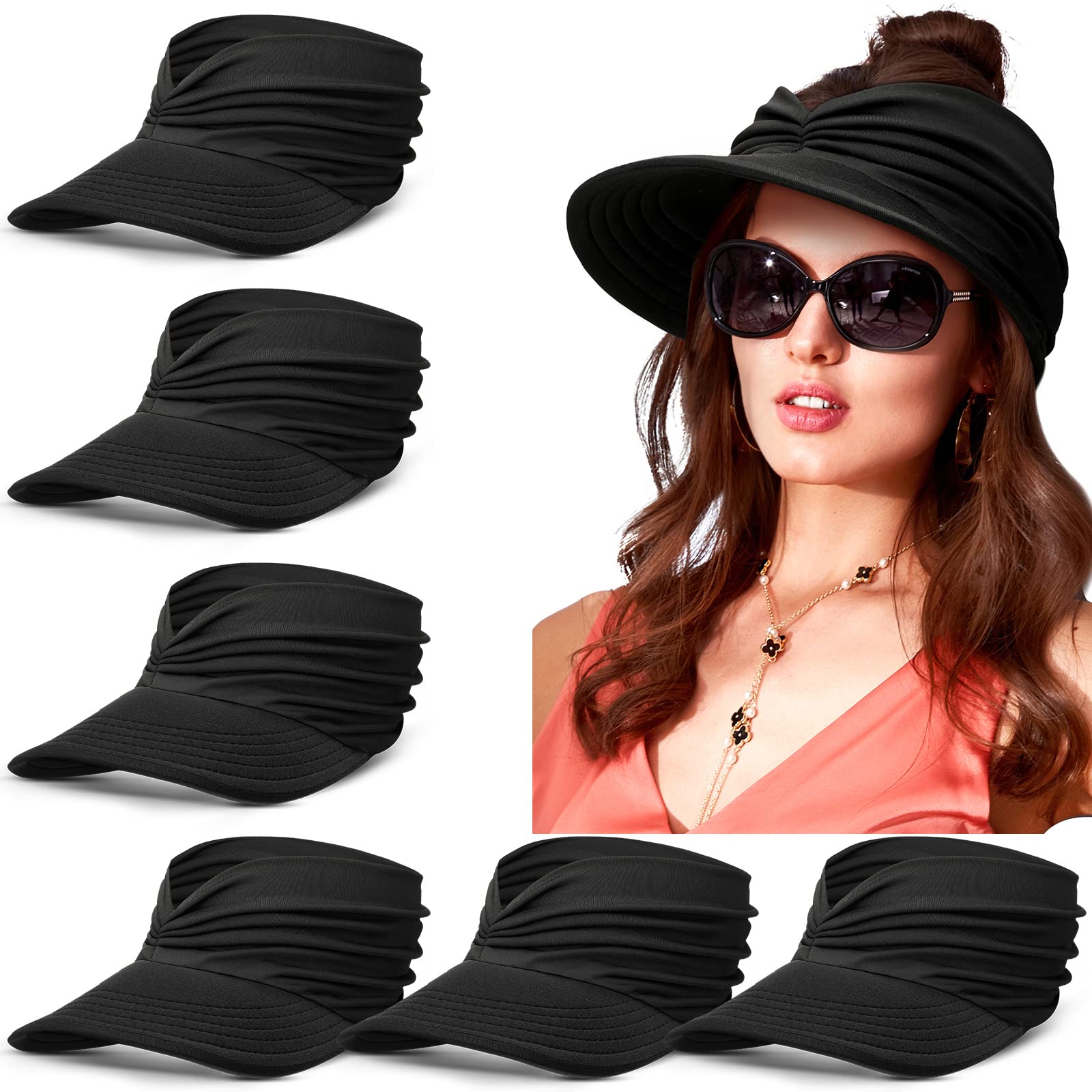6 Pcs Women Sun Visor Hat Wide Brim Summer Cap UV Protection Beach Sport Cap for Golf Hiking Men (Black)