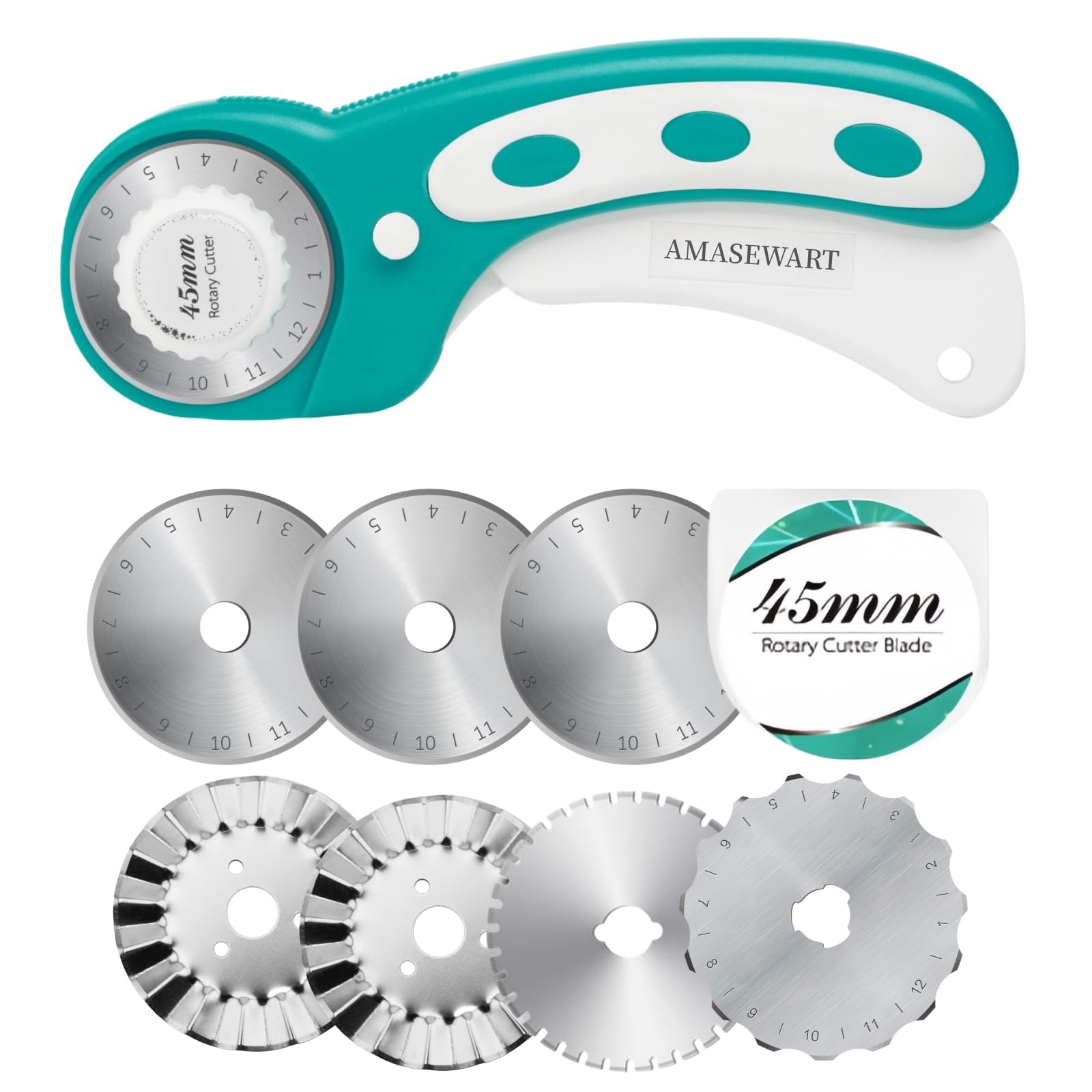 AMASEWART 45mm Rotary Cutter for Fabric with 8pcs Rotary Blades, Rolling Fabric Cutter Crochet Edge Skip Stitch Blade Perforating Rotary Cutter, Pinking Rotary Cutter for Quilting Crafts Sewing