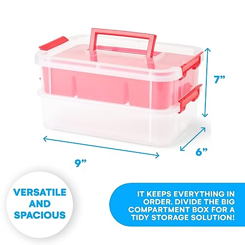 Bins & Things 2 Trays Stackable Storage Organizers Container with Compartments - Arts and Crafts Supply Box - Bead Plastic Organizer - Embroidery Thread Organizing Box - Multi-Divided Holder, Red