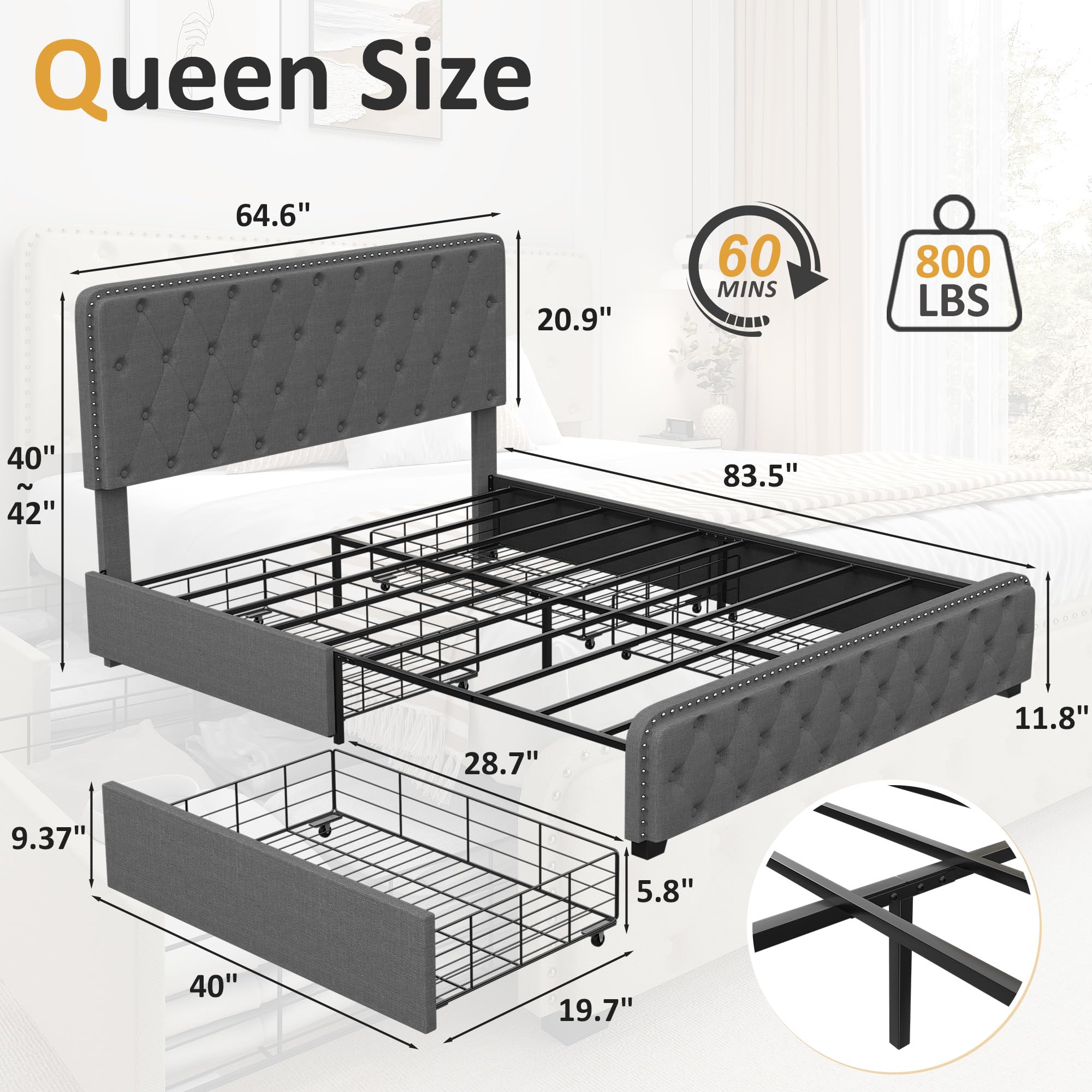 Lifezone Queen Bed Frame with Headboard Faux Leather Upholstered Metal Queen Bed Frame with 4 Storage Drawers, Adjustable Headboard/All-Metal Support/No Box Spring Needed/Easy Assembly, Black