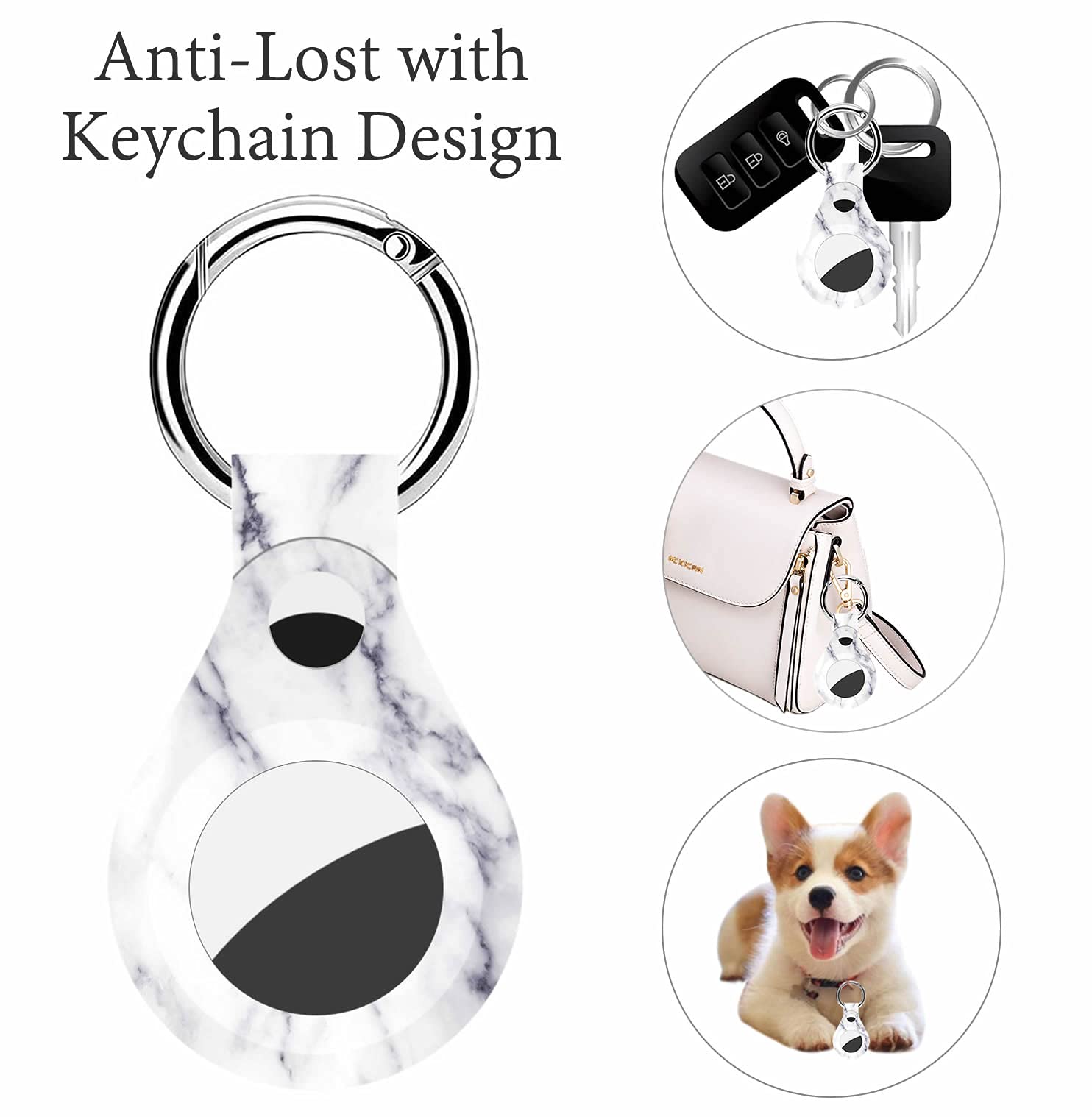 A-Focus 1 Pack Marble Case for Airtag Finder, Cute Stylish Fashion IMD Design Leather Cover with Anti-Lost Keychain Compatible with AirTag Tracker - White Gray Marble