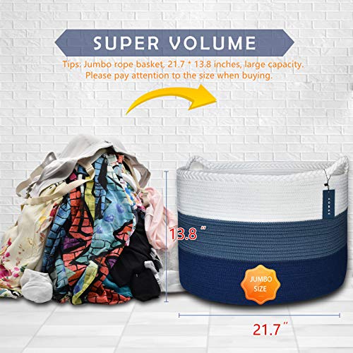 COMSE Extra Large Blanket Basket, Storage Basket, Laundry Basket, 21.7βx 13.8β, Laundry Hamper, Cotton Rope Basket, Blanket Basket Living Room, Toy Basket (White & Cadet Blue & Navy Blue)