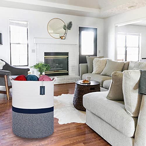 COMSE Extra Large Blanket Basket, Tall Storage Basket, 15.7βx 21.7β, Tall Rope Laundry Basket, Cotton Rope Basket, XXXL Laundry Basket, Toy Basket, Woven Basket, Clothes Baskets, Blend White/Navy Blue