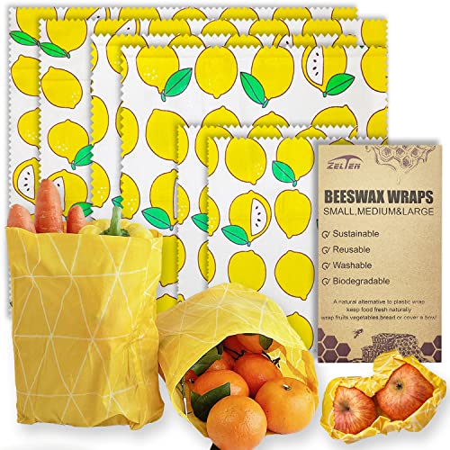 Beeswax Reusable Food Wraps - (6 Packs, 3 Sizes S,M,L, with 2 Meter Hemp Rope, Two Buttons) Plastic and Silicone Free, Eco-friendly Wrap, Wax Paper for Food,Yellow Lemon