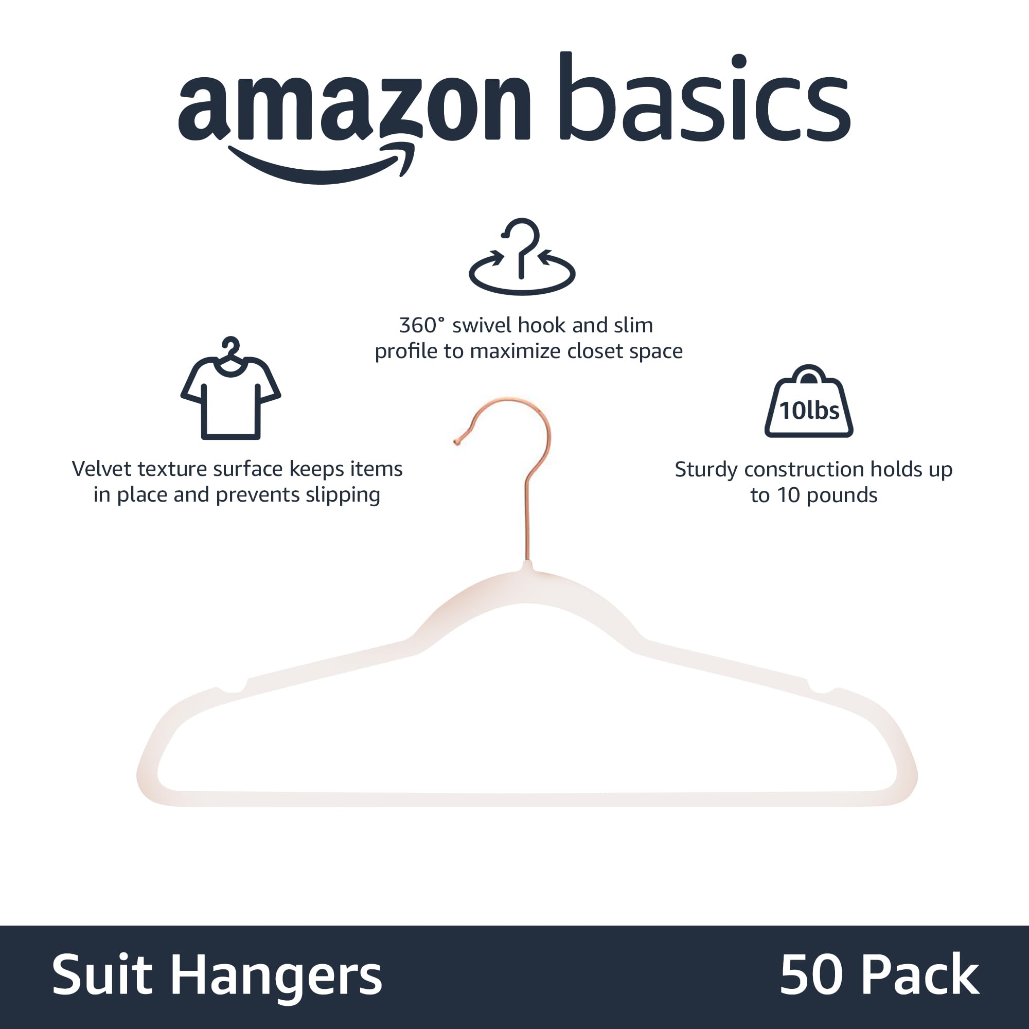 Amazon Basics Slim, Space-Saving, Velvet, Non-Slip, Sturdy Suit Clothes Hangers, Pack of 50, Blush Pink/Rose Gold