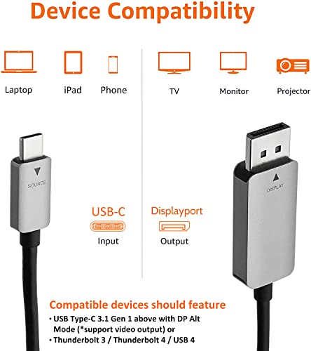 Amazon Basics DisplayPort to USB-C Cable, 4Kx2K@60Hz, Aluminum Housing, 6 Feet, Black