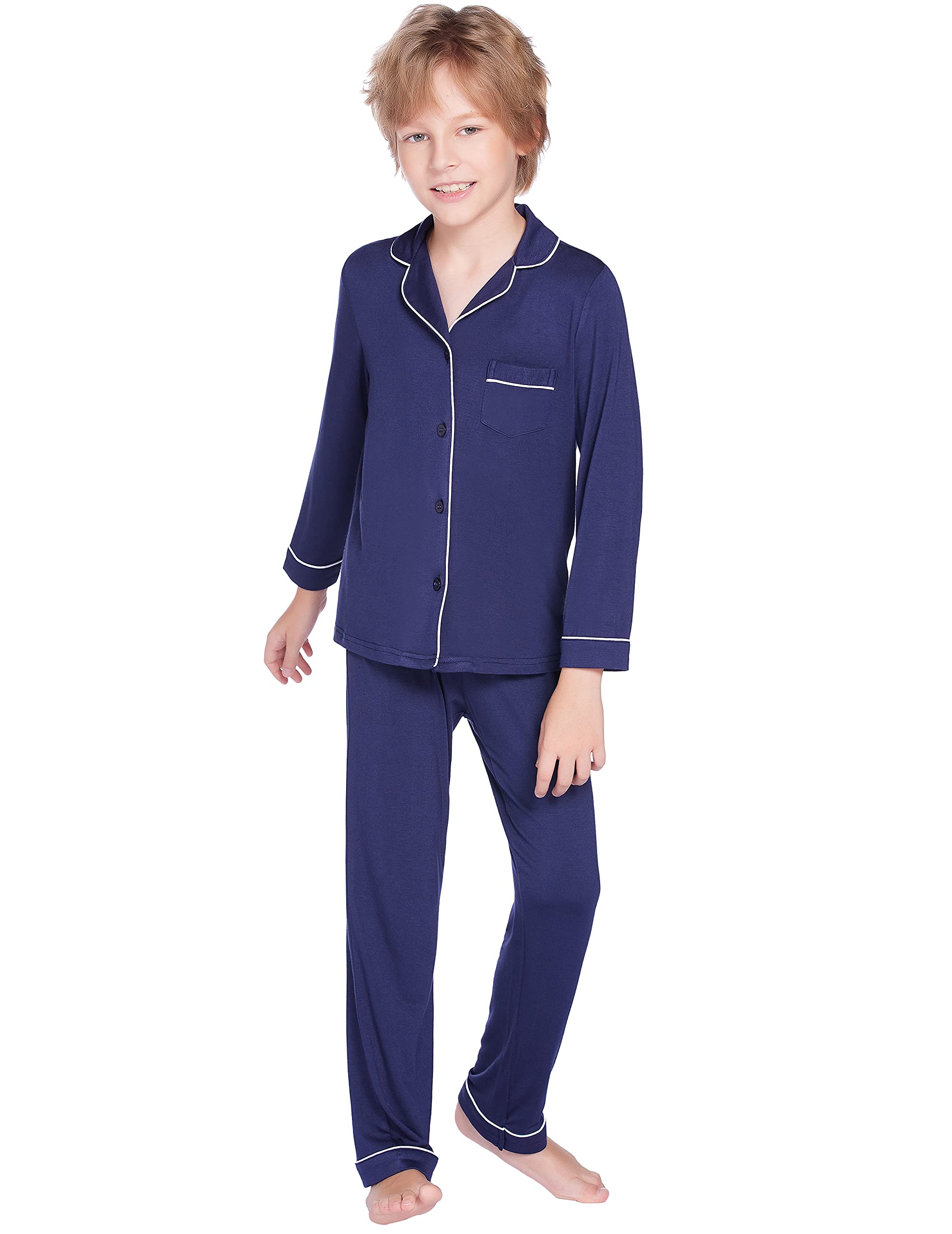 luxilooks Big Boys Cotton Button-Front Pajamas Sets 2 Piece Sleepwear Long Pj Set Casual Lougewear Soft Nightwear(Navy Blue,7-8Y)