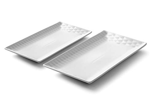 Roscher White Porcelain Serving Platter Set w Pure Pattern (2-Pack) Small and Large Kitchen and Dining Decorative Plates and Room Decor Classic Farmhouse Style (Diamond)