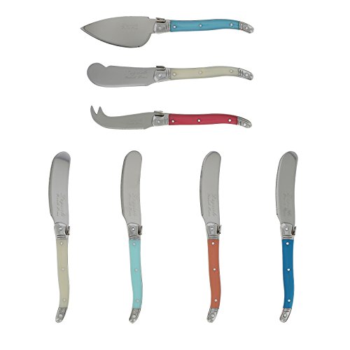 Laguiole 7-Piece Cheese Knife Set (Coral & Turquoise) Stainless Steel Cheese Knives Set, Cheese Spreader & Butter Knife Spreader, Luxurious Cheese Board Utensils & Charcuterie Knife Set for Parties