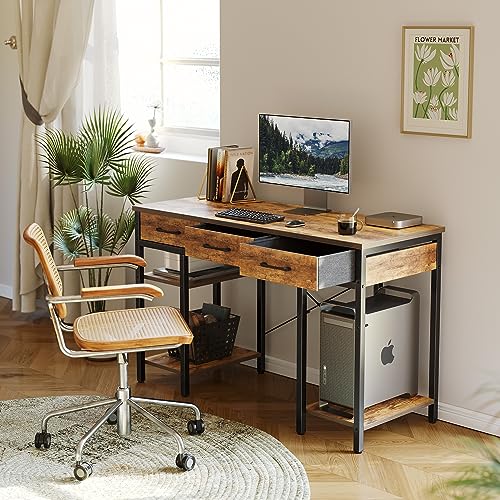 CubiCubi 47 Inch Computer Desk with Fabric Drawers and Storage Shelfs, Small Office Home Desk, Study Writing Table, Modern Simple Desk, Rustic Brown
