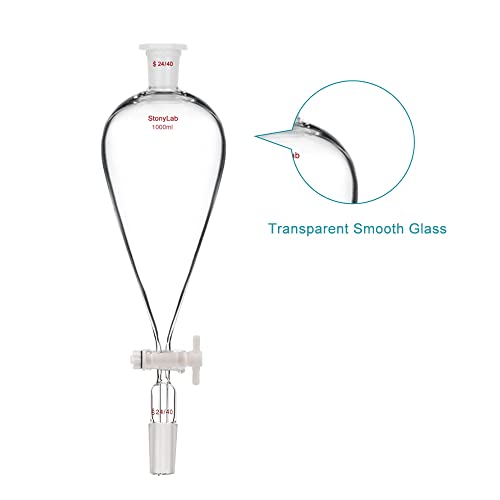 stonylab Separatory Funnel with PTFE Stopcock, 1000 ml Conical Pear-Shaped Heavy Wall Borosilicate Glass Separating Funnel with 24/40 Joints