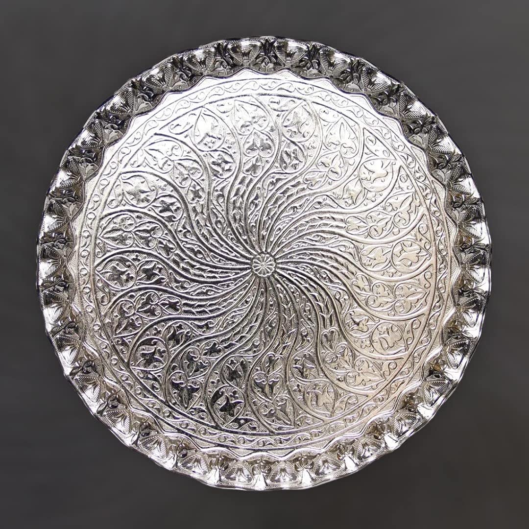 Alisveristime Turkish Ottoman Coffee Tea Serving Tray β 11.8 Inches, Wavy Zamac Tray with Traditional Motifs, Available in Five Color Variations (Silver)