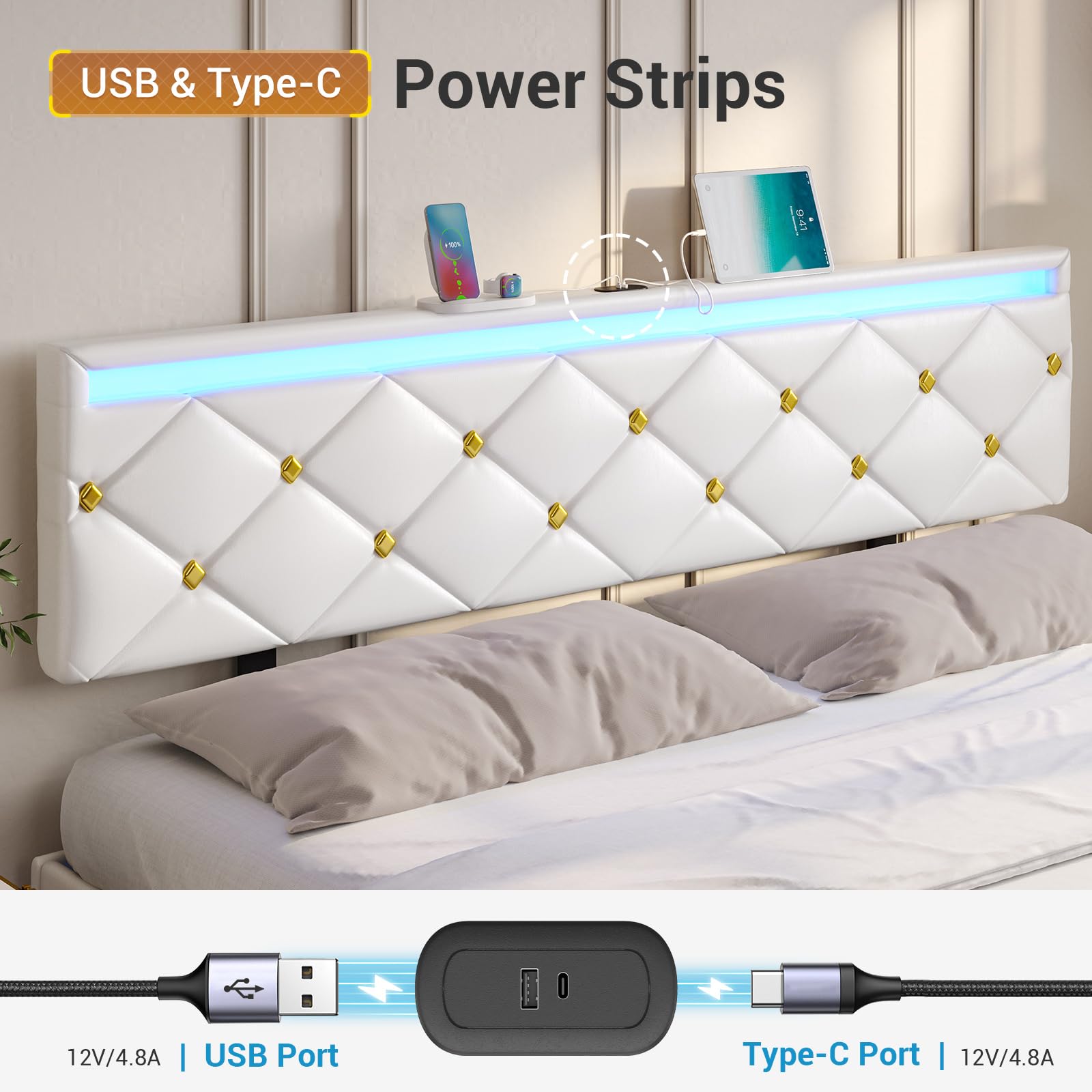 Hasuit Floating Bed Frame King Size with LED Lights and Charging Station, Modern King Platform Bed with Vegan Leather Upholstered Headboard, No Box Spring Needed, Noise Free, Easy to Assemble