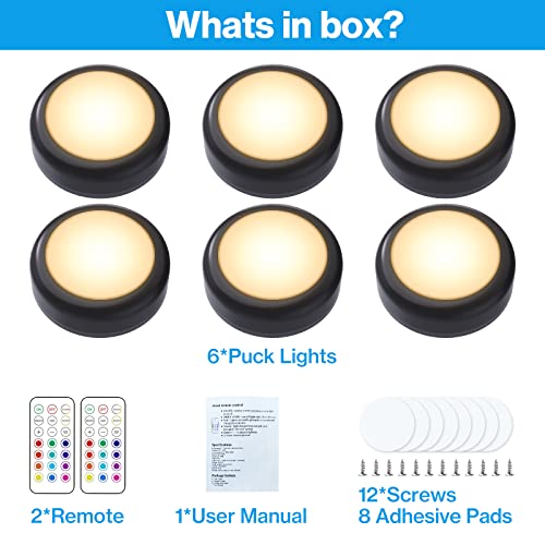 Cadrim Puck Lights, 6 Pack 13 Colors Changeable LED Puck lightings Battery Powered Dimmable Under Cabinet Lights, Battery Powered Under Counter Lights with 2 Wireless Remote Controls, Black