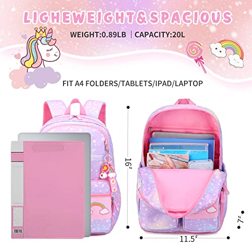 BEFUNIRISE Girls Backpack, School Backpacks 16 17 inch for Girls,Cute Book Bag for Teen Kid Elementary Middle High School (Purple Set, Small)